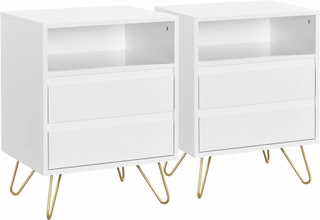 NOA230 - Set 2 Noptiere cu 2 sertare, 1 raft si picioare metalice, 50 ...