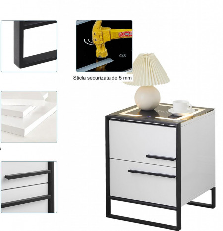 NOA227 - Set 2x Noptiere albe 40 cm, cu 2 sertare, cu LED si incarcator ...