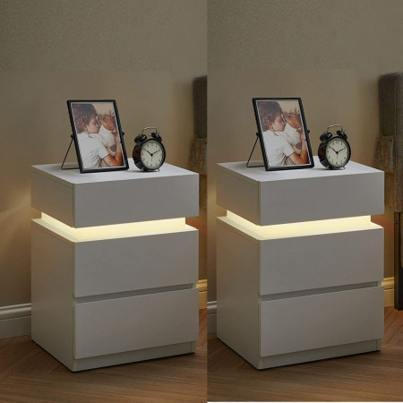 NOA28 - Set 2x Noptiere albe 40x35x55 cm, cu 2 sertare si LED, dormitor ...