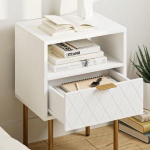 NOA42 - Set 2 Noptiere albe 40 cm, cu 1 sertar, dormitor - Alb-Auriu