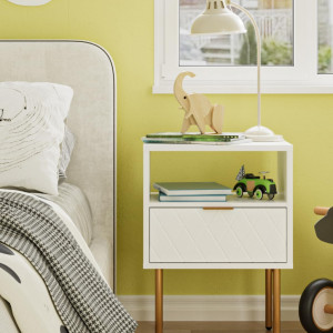 NOA42 - Set 2 Noptiere albe 40 cm, cu 1 sertar, dormitor - Alb-Auriu