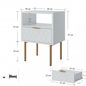 NOA42 - Set 2 Noptiere albe 40 cm, cu 1 sertar, dormitor - Alb-Auriu