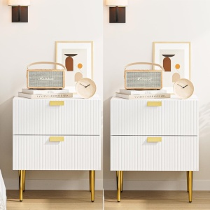 NOA62 - Set 2 Noptiere albe 50 cm, cu 2 sertare, dormitor - Alb-Auriu