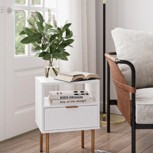 NOA42 - Set 2 Noptiere albe 40 cm, cu 1 sertar, dormitor - Alb-Auriu