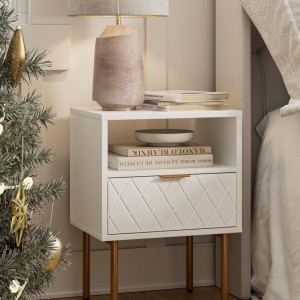 NOA42 - Set 2 Noptiere albe 40 cm, cu 1 sertar, dormitor - Alb-Auriu