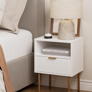 NOA42 - Set 2 Noptiere albe 40 cm, cu 1 sertar, dormitor - Alb-Auriu