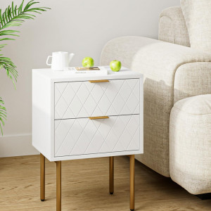 NOA41 - Set 2 Noptiere albe 40 cm, cu 2 sertare, dormitor - Alb-Auriu