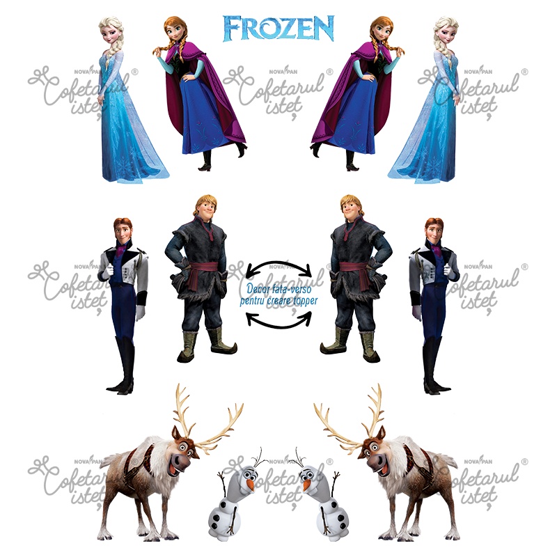 Vafa imprimata Frozen Model 3, 12 Decoruri fata-verso Topper Ø 5 - 9 cm ...