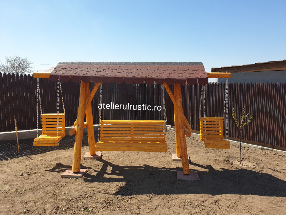 Balansoar din lemn masiv cu 2 leagăne copil