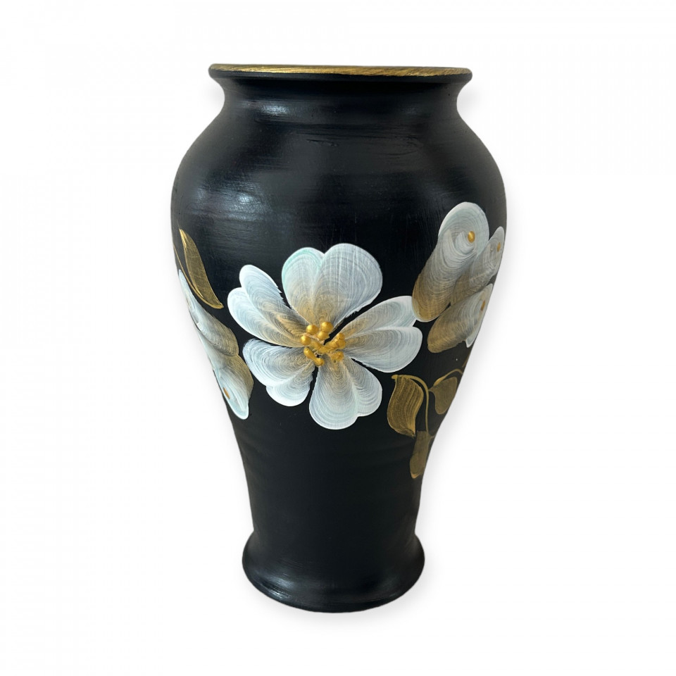 Vaza ceramica neagra, eleganta, pictata manual, 21cm