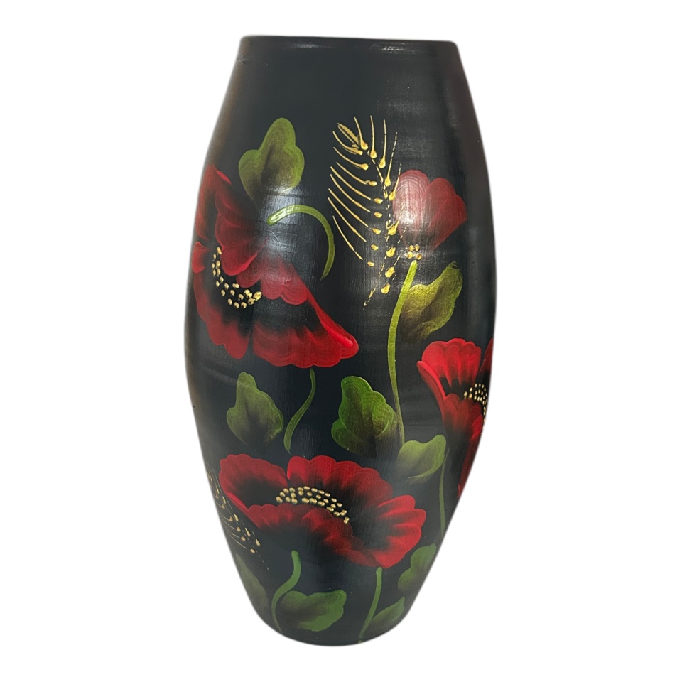 Vaza ceramica neagra pictata cu maci, 30cm