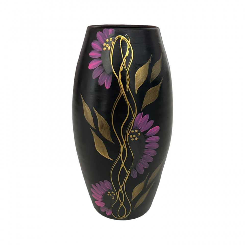 Vaza ceramica neagra, pictata manual, 25cm
