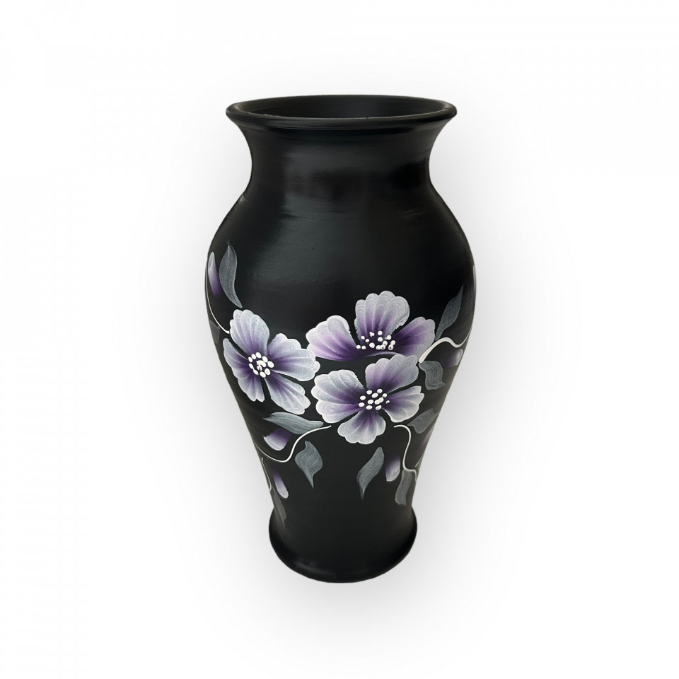 Vaza ceramica neagra, pictata manual, buchet