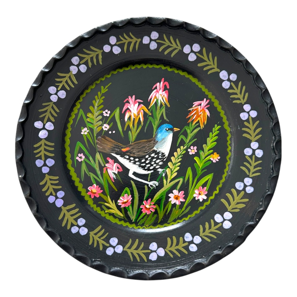 Farfurie decorativa ceramica neagra Marginea - Pictata manual cu pasare ...