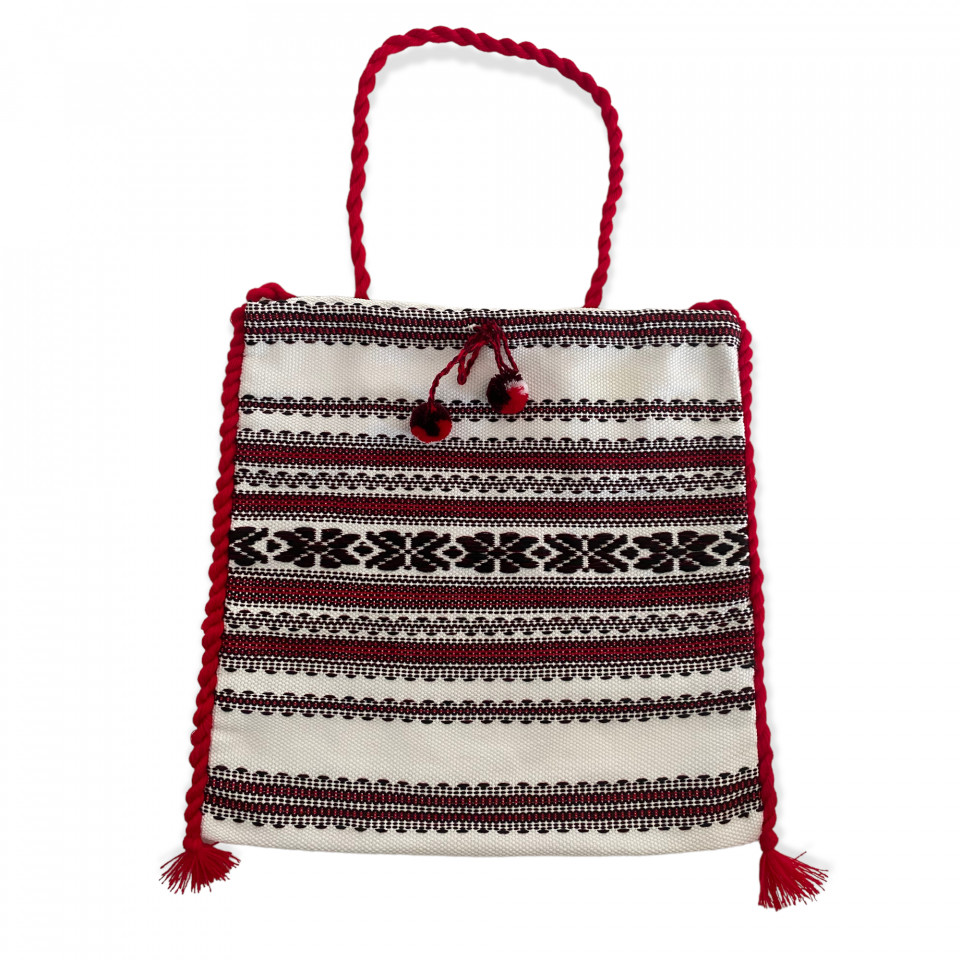 Traista alb/rosu, motive traditionale, 34x34cm