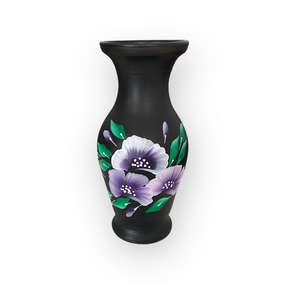 Vaza ceramica neagra , pictata manual, 27 cm