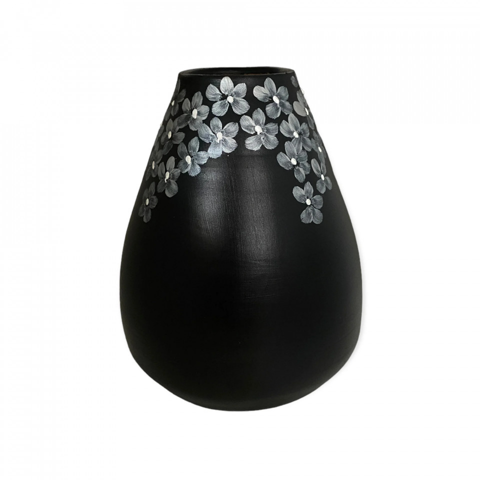 Vaza ceramica neagra pictata manual, argintiu