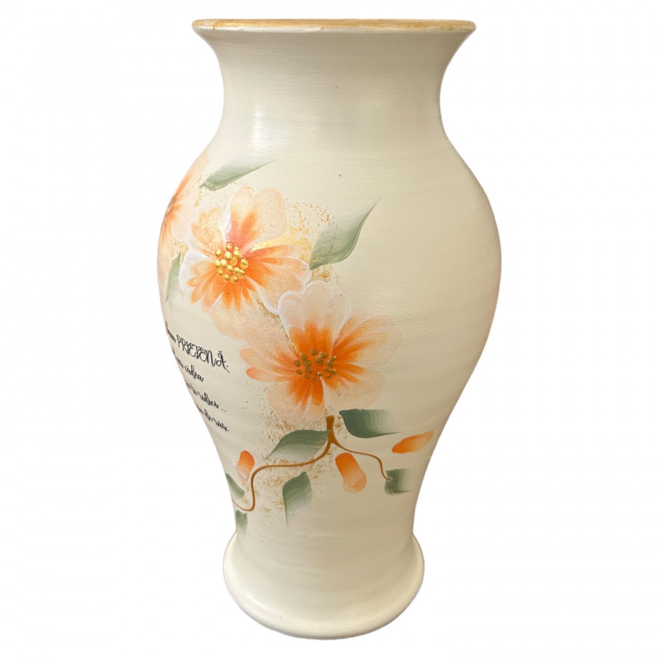 Vaza de lut, alba, pictata manual pentru prietena