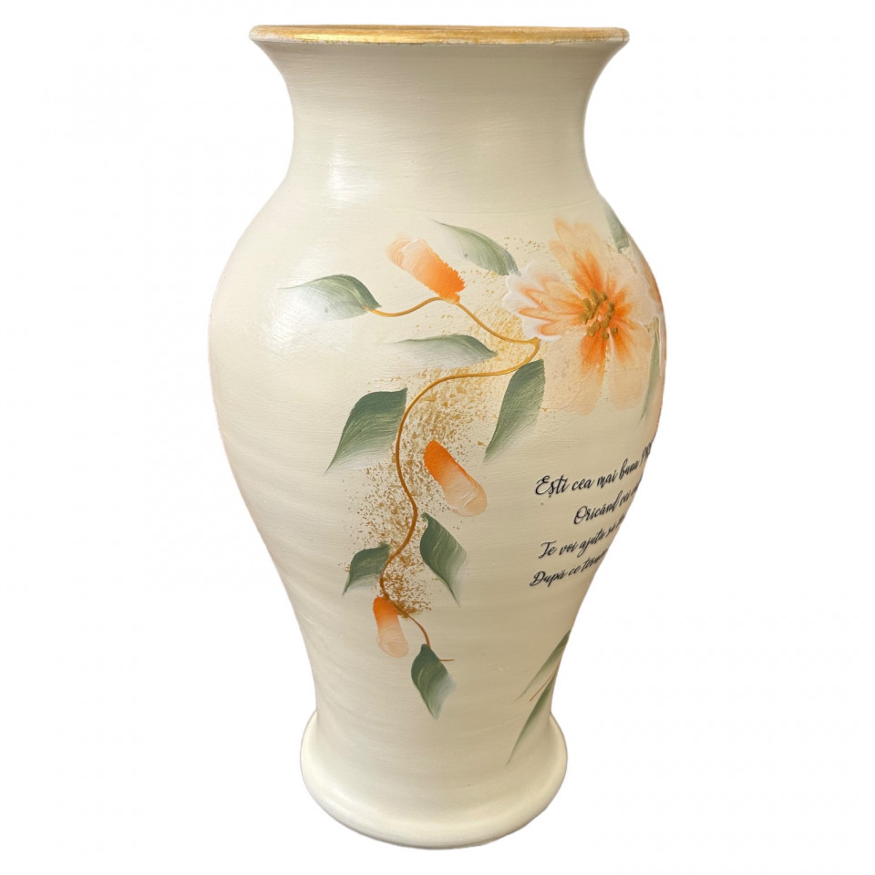 Vaza de lut, alba, pictata manual pentru prietena