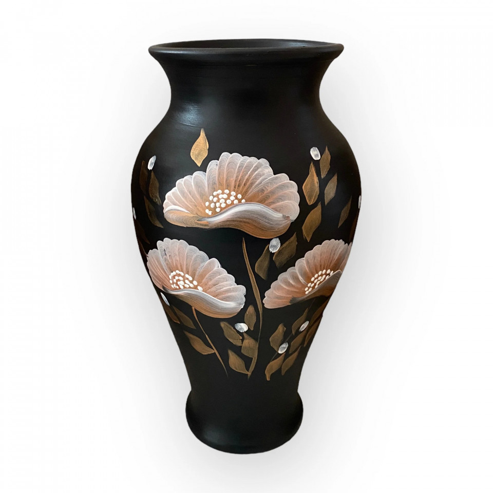 Vaza ceramica, neagra, pictata manual, 30 cm