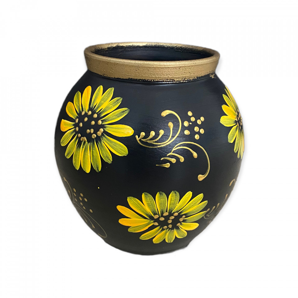 Vaza ceramica neagra pictata manual