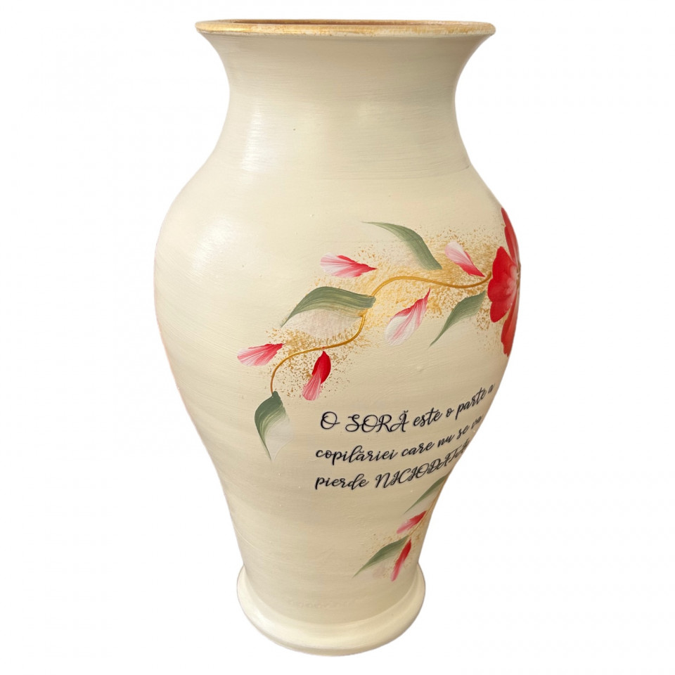 Vaza de lut, alba, pictata manual pentru sora