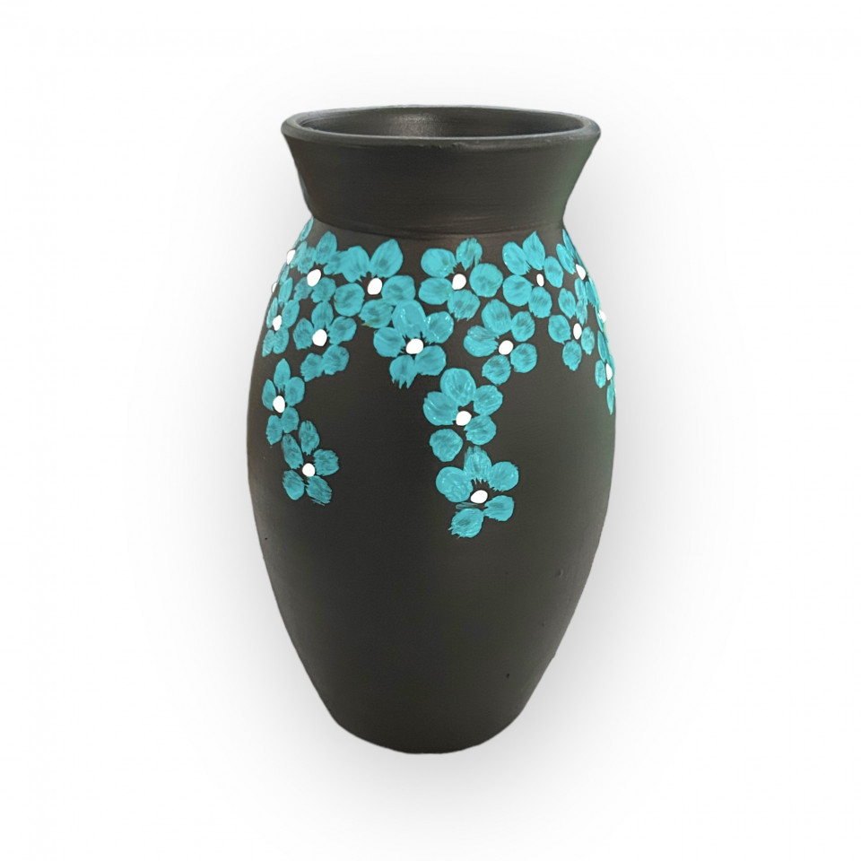 Vaza de lut, pictata manual cu floricele, 18cm