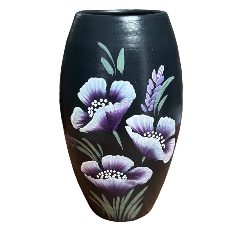 Vaza ceramica neagra pictata cu maci, 25 cm