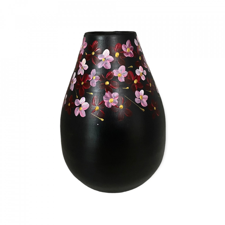 Vaza ceramica neagra pictata manual, rosu-roz