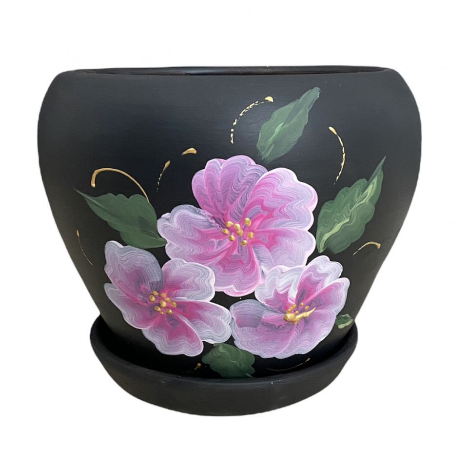 Ghiveci mare negru din ceramica pictat manual