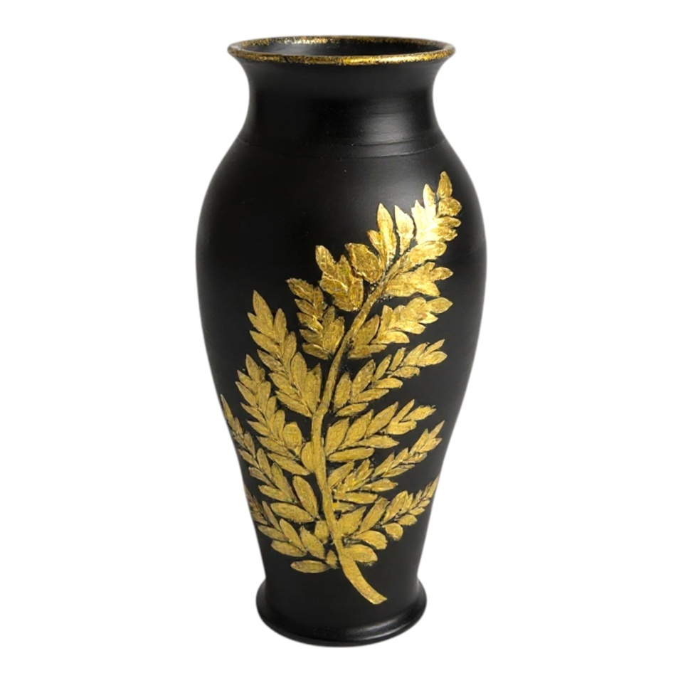 Vaza ceramica neagra 40 cm decorata manual la Marginea cu frunza aurie ...