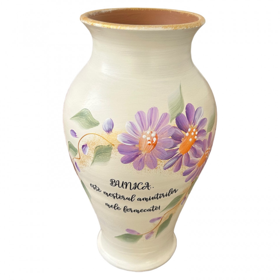 Vaza de lut, alba, pictata manual pentru bunica