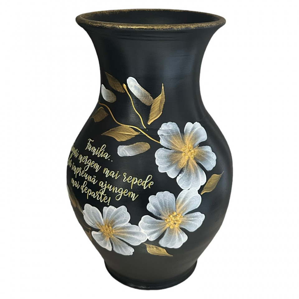 Vaza de lut, neagra cu auriu si mesaj FAMILIA