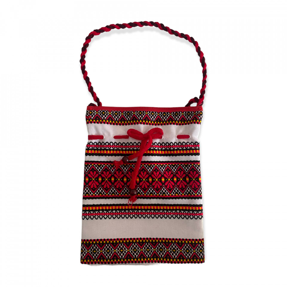 Traista alb/rosu, motive traditionale, 22x17 cm