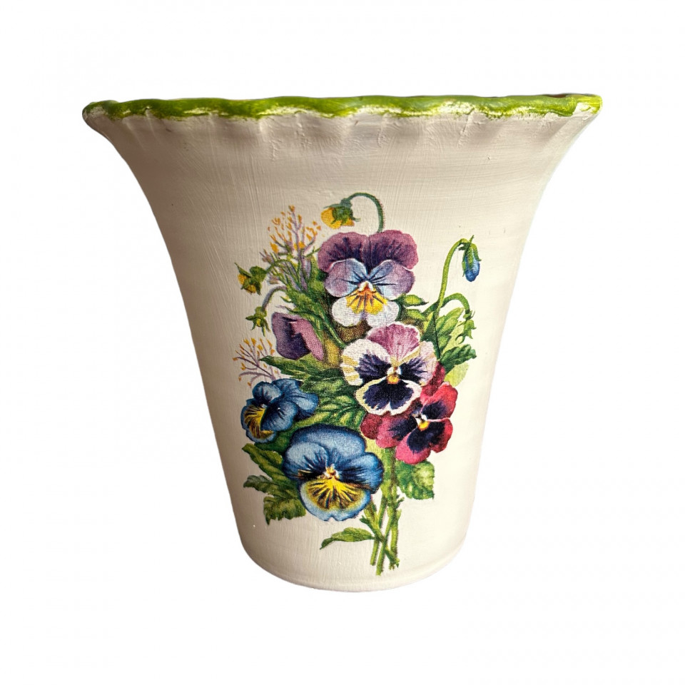 Vaza de lut, alba cu panselute