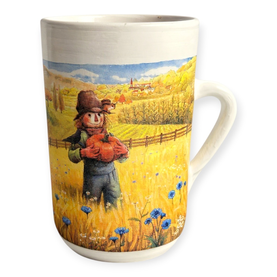 Vaza alba tip carafa 20 cm cu maner, decor sperietoare cu dovleac ...