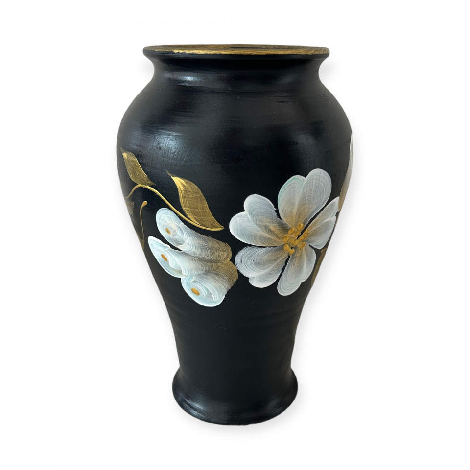Vaza ceramica neagra, eleganta, pictata manual, 21cm