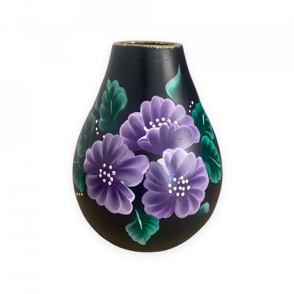 Vaza ceramica neagra pictata manual, buchet, 21 cm
