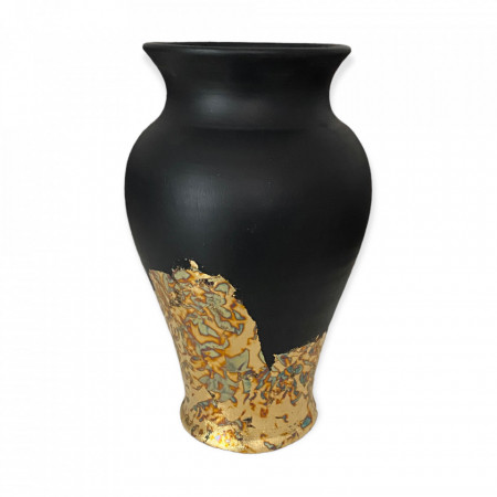 Vaza ceramica neagra, foita de aur antichizata, 30cm