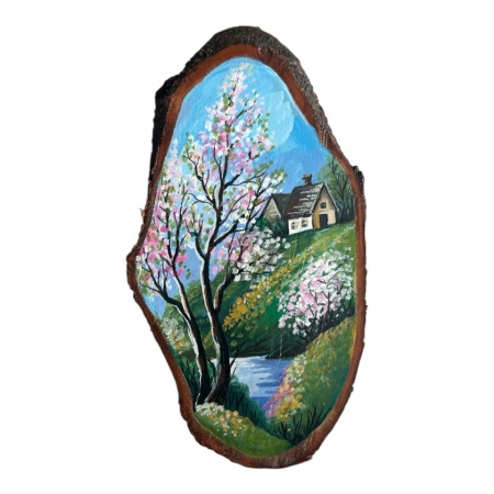 Scoarță de copac pictată manual – peisaj, unicat