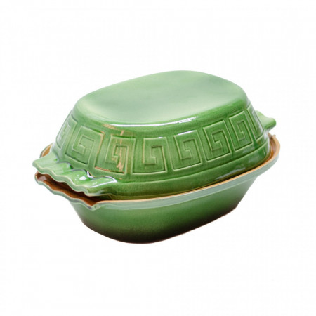 Vas roman din lut, oval, mic, glazurat, verde, 4 l