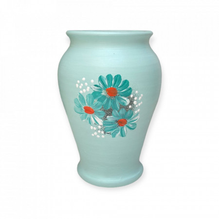 Vaza ceramica, culoare baby blue, margarete, 16cm