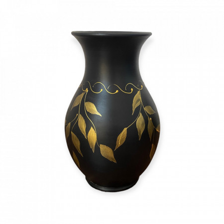 Vaza ceramica neagra, eleganta, frunze aurii