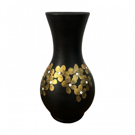 Vaza ceramica neagra, pictata manual, floricele