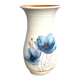 Vază decorativă ceramică, albă, cu buchet de maci albaștri, 25 cm, Marginea