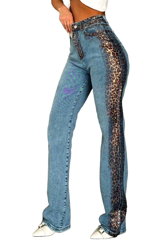 Blugi drepti Reno, cu super elastan si panou animal print lateral, Albastru