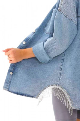 Geaca lunga de blugi Trency, croiala tip camasa, cu paiete si franjuri ...