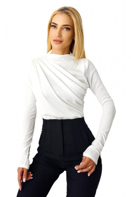 Bluza tip body Fleur, cu aspect drapat si maneca lunga, Alb, Marime S/M