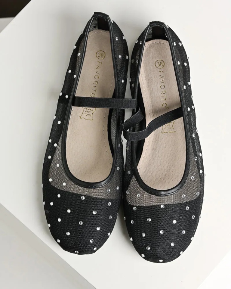 Ženske ravne baletanke sa cirkonima L022552 crne