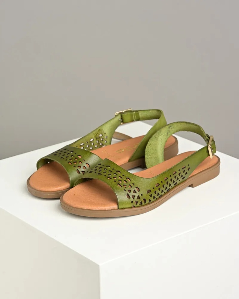 Ženske kožne ravne sandale PISA zelene